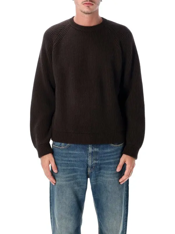 Saint Laurent Rib-knit Cashmere Sweater With Crew Neck & Leather Patch - Ebene