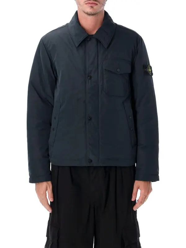 Stone Island Down Padded Coach Jacket With Adjustable Neck Strap And Snap Pockets - Blu