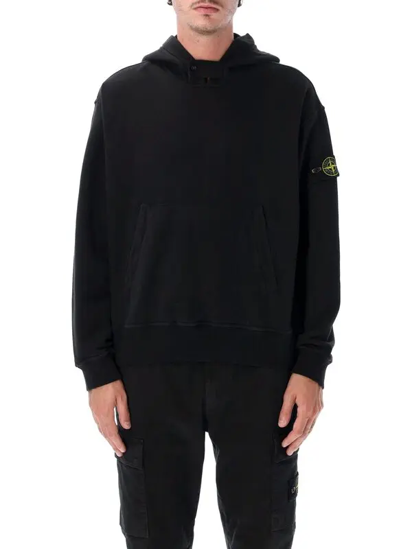 Stone Island Oversized Brushed Cotton Hoodie With Snap Collar - Nero