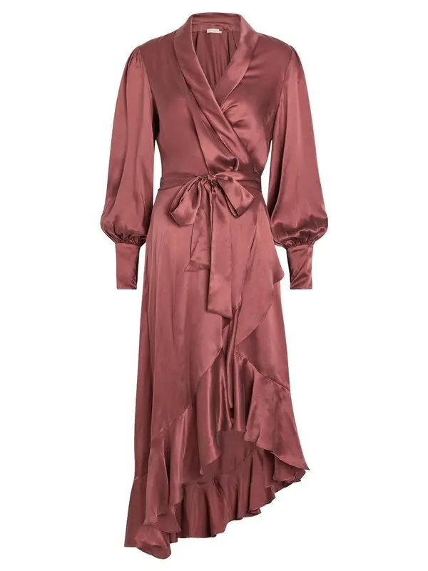 Zimmermann Asymmetric Silk Midi Wrap Dress - Rose