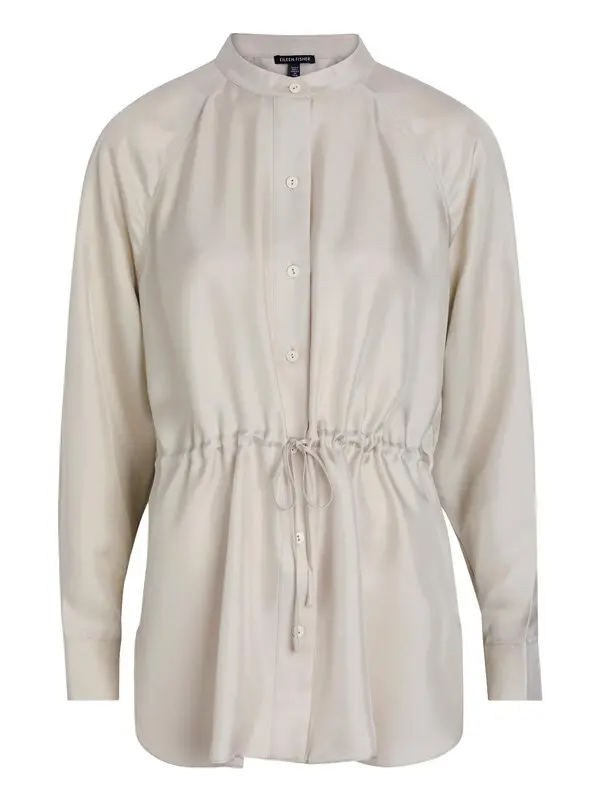 Eileen Fisher Mandarin Collar Silk Shirt With Drawstring Waist - Light Grey