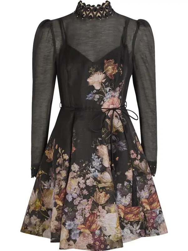 Zimmermann Valiant Floral-print Linen And Silk-blend Mini Dress - Black