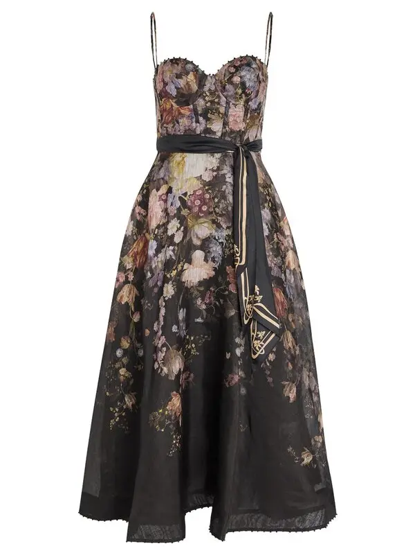 Zimmermann Luna Floral-print Linen And Silk-blend Midi Dress - Black
