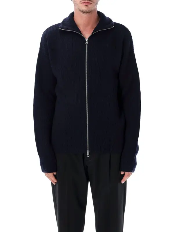 Extreme Cashmere Ribbed Knit Zip-front Cardigan With Stand Collar - Blu