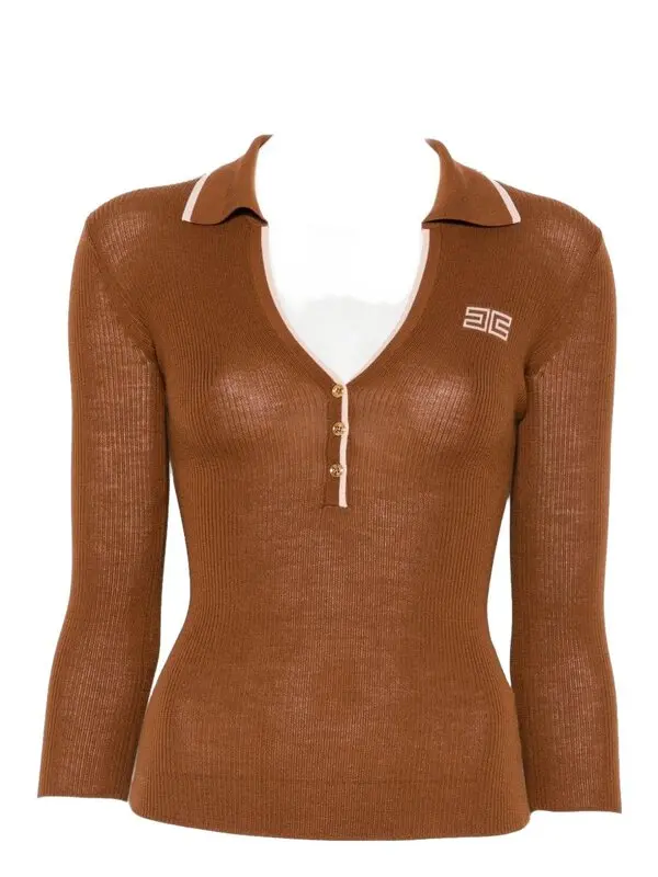 Elisabetta Franchi Ribbed Knit Polo Shirt With Contrast Trim - Brown