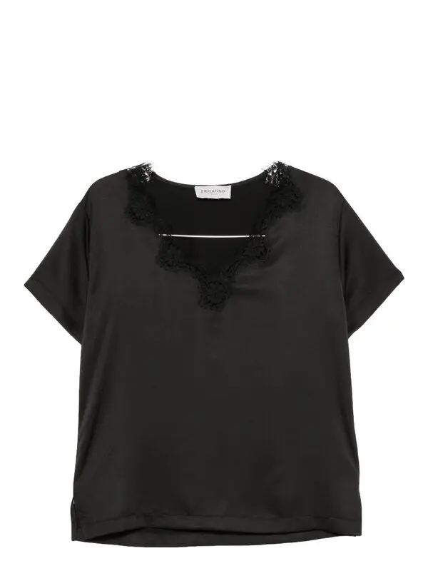 Ermanno Scervino Lace-detail V-neck T-shirt - Black