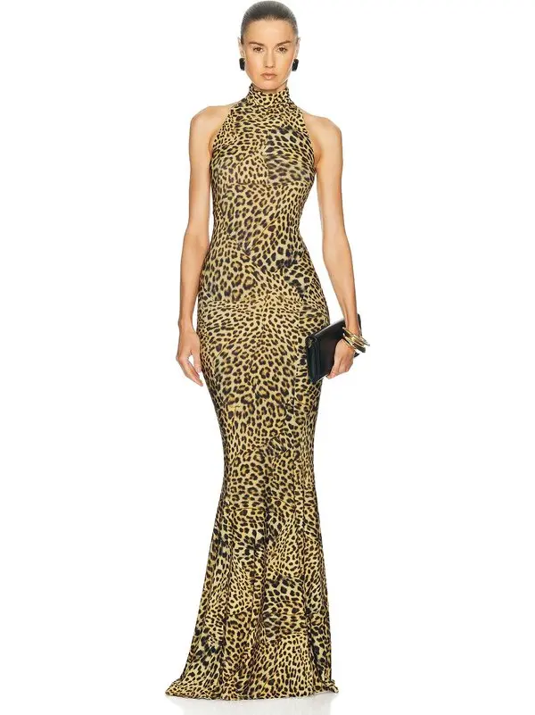 Norma Kamali Halter Turtle Fishtail Gown In Brown - Cheetah Patch