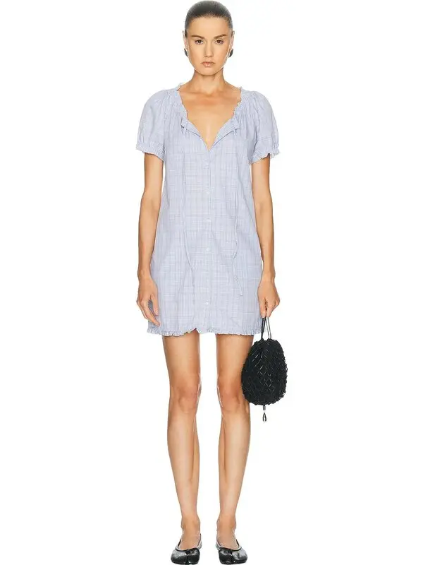 DEIJI STUDIOS Buttoned Mini Dress In Baby Blue - Powder Check