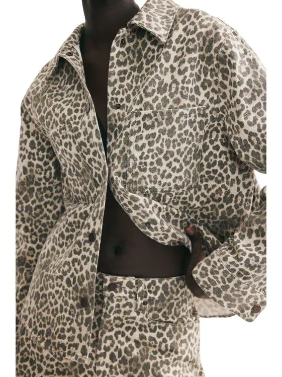 H&M Cotton Denim Overshirt With Leopard Print - Light Beige/leopard Print