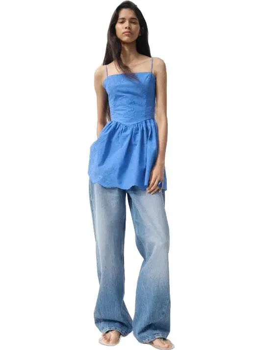 H&M Embroidered Flared-skirt Dress - Blue
