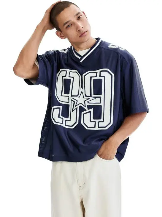 H&M Loose Fit Printed Mesh T-shirt - Dark Blue/99