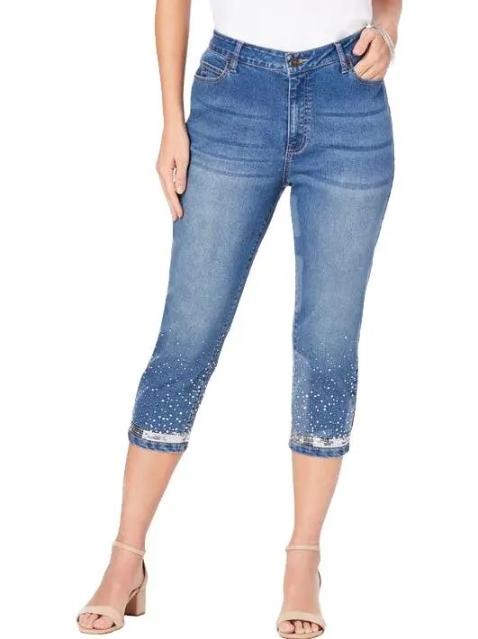 Roaman's Embellished Sequin Trim Capri Jeans - Medium Silver Sequin