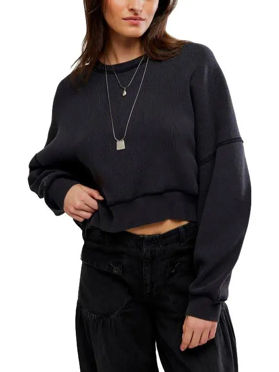 Free People Skyline Waffle Long Sleeve T-shirt - Black