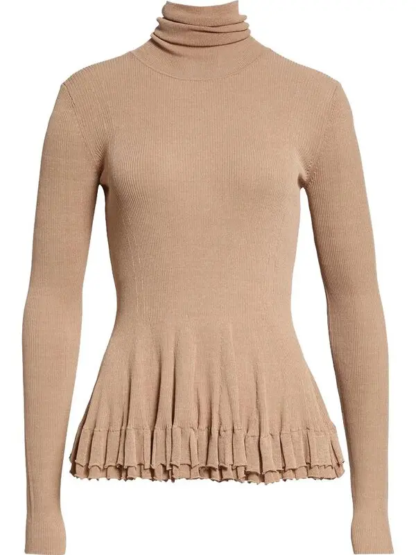 ASHLYN Meritt Ruffle Hem Rib Turtleneck Sweater - Tan