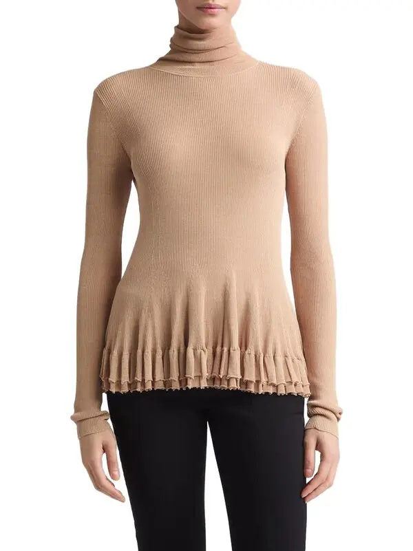 ASHLYN Meritt Ruffle Hem Rib Turtleneck Sweater - Tan