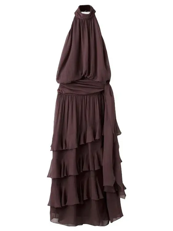 Mango Ruffled High Neck Tiered Maxi Dress - Brown