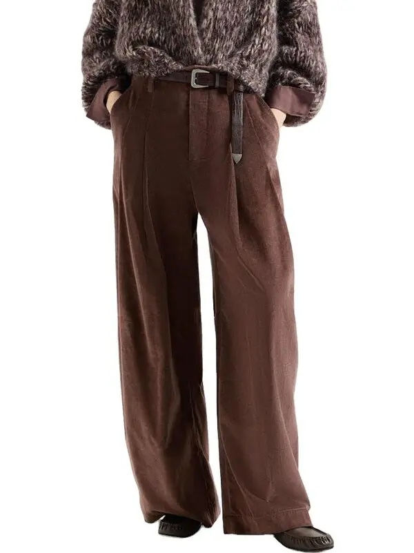 Brunello Cucinelli Stretch Cotton And Cashmere Corduroy Baggy Trousers With Monili - Chocolate