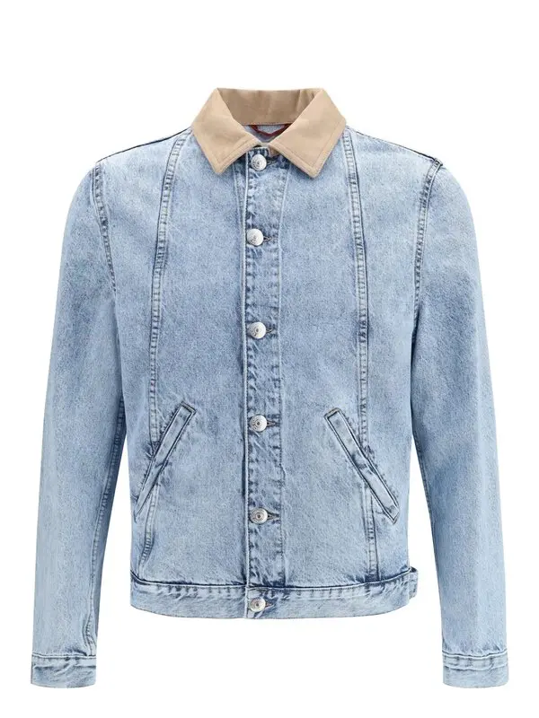 Brunello Cucinelli Denim Jacket With Suede Collar - Light Blue