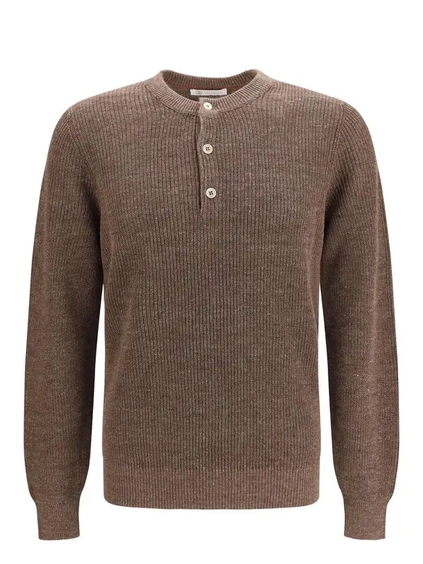 Brunello Cucinelli Cotton And Linen Henley Sweater - Brown