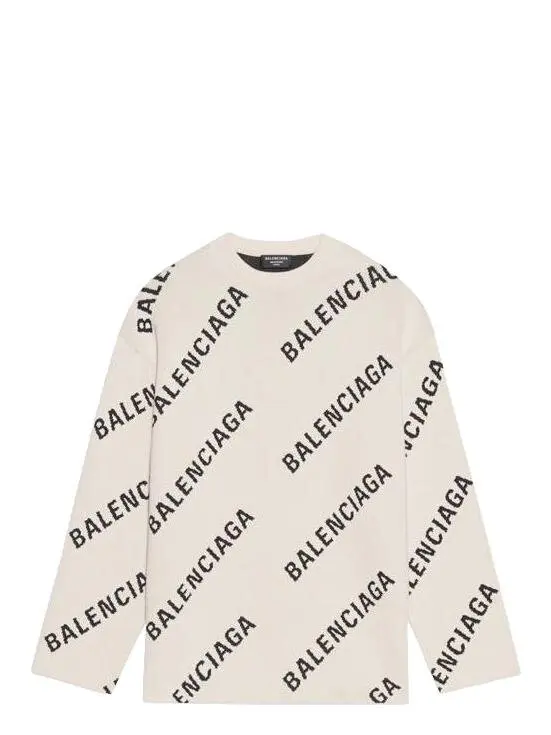 Balenciaga All Over Logo Crewneck Wool Knit Sweater - White