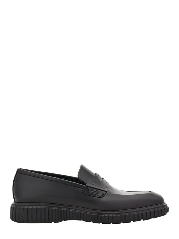 FERRAGAMO Calfskin Loafer With Embossed Micro Gancini - Black