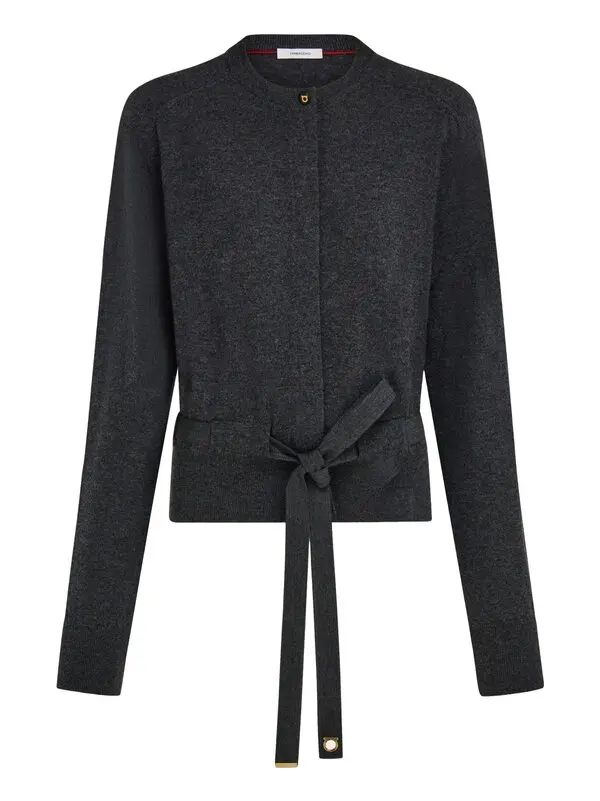 FERRAGAMO Virgin Wool Cardigan With Gancini Belt - Grey