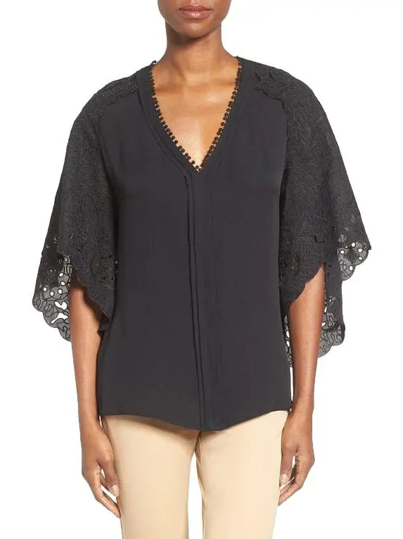 Kobi Halperin Marielle Embroidered Silk Butterfly Sleeve Blouse - Black