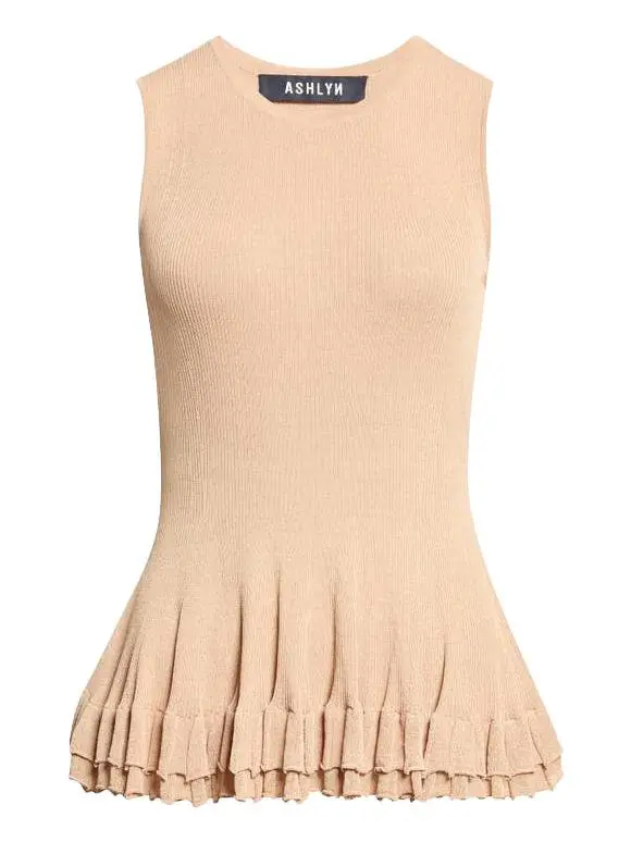 ASHLYN Greer Crew Neck Sleeveless Knit Shell With Ruffled Hem - Tan