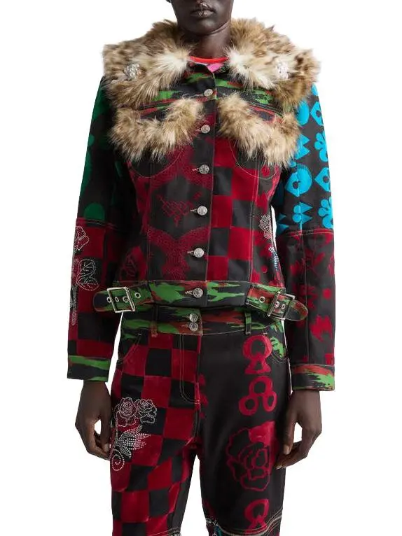 CHOPOVA LOWENA Patchwork Faux Fur Trim Denim Jacket - Black Multi