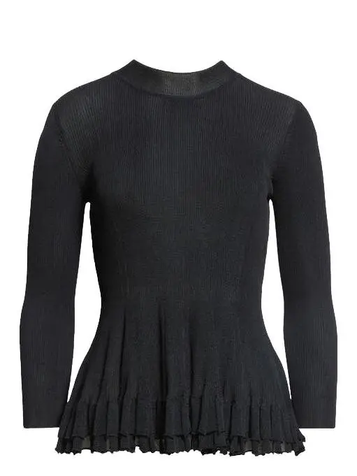 ASHLYN Peplum Mock Neck Long Sleeve Fine Knit Top - Black