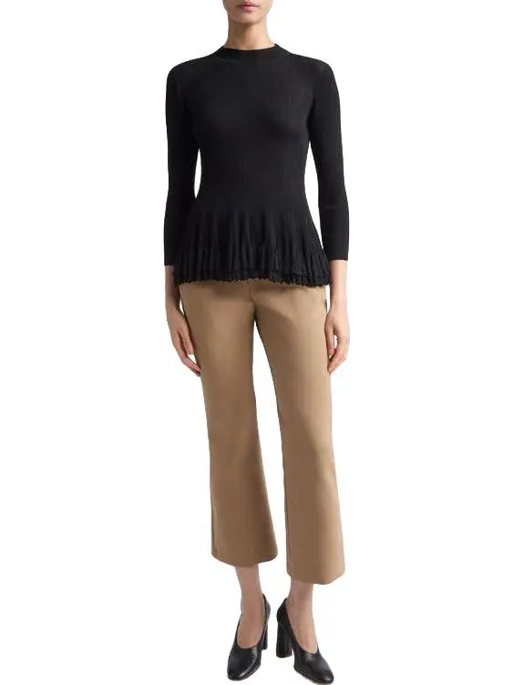 ASHLYN Peplum Mock Neck Long Sleeve Fine Knit Top - Black