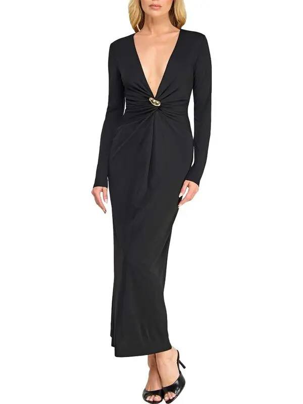 SOCIALITE Buckle Detail Long Sleeve V-neck Midi Dress - Black