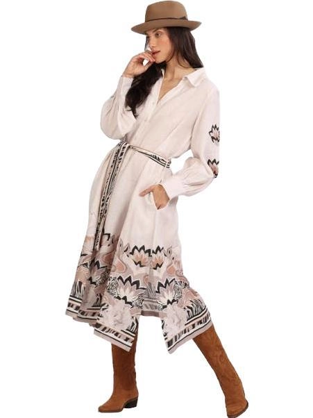 Las Surenas Lotus Tiger Printed Linen Tunic - Ecru