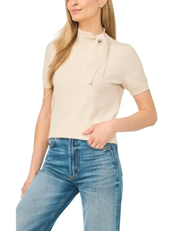 CECE DUPRAZ Contrast Stitch Mock Neck Tie Sweater - Malted