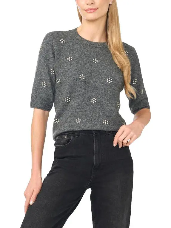 CECE DUPRAZ Jewel Embellished Elbow Sleeve Sweater - Medium Heather Grey