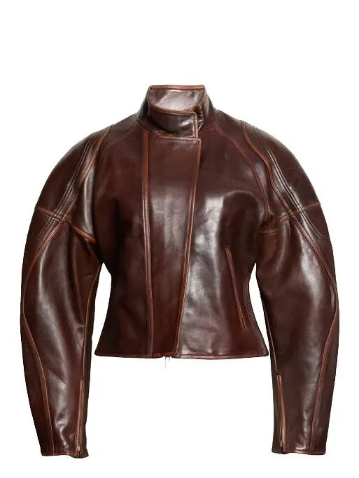 Helmut Lang Glossy Leather Biker Jacket With Funnel Neck - Saddle