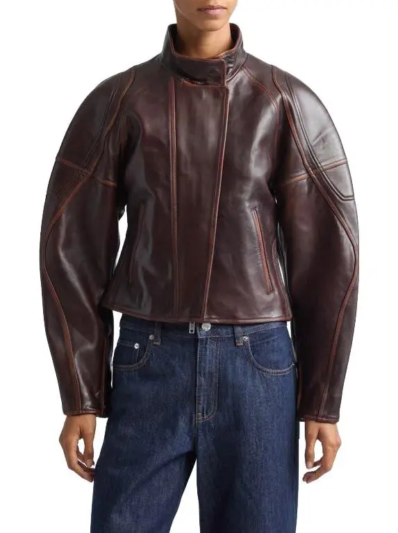 Helmut Lang Glossy Leather Biker Jacket With Funnel Neck - Saddle