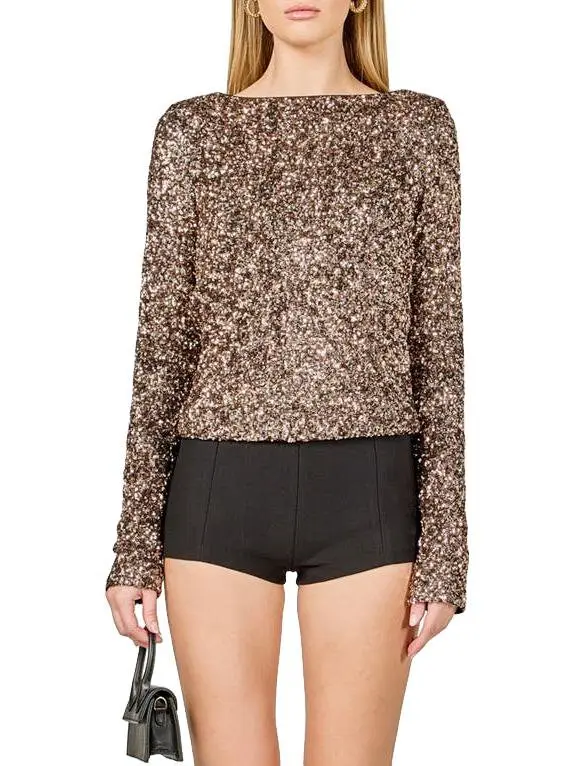 Endless Rose Sequined Mock Neck Long Sleeve Top - Bronze