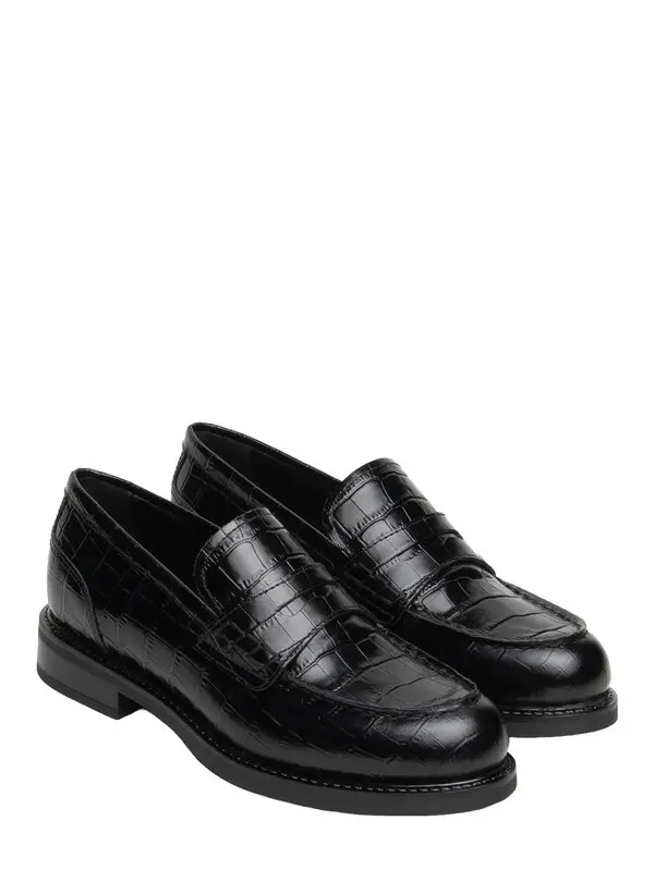NEROGIARDINI Croc Embossed Leather Penny Loafer - Black