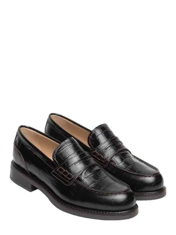 NEROGIARDINI Croc Embossed Leather Penny Loafer - Chocolate