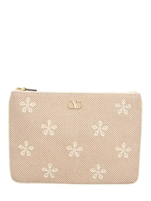 Valentino Garavani Vlogo Signature Medium Floral Embroidered Flat Pouch - Natural