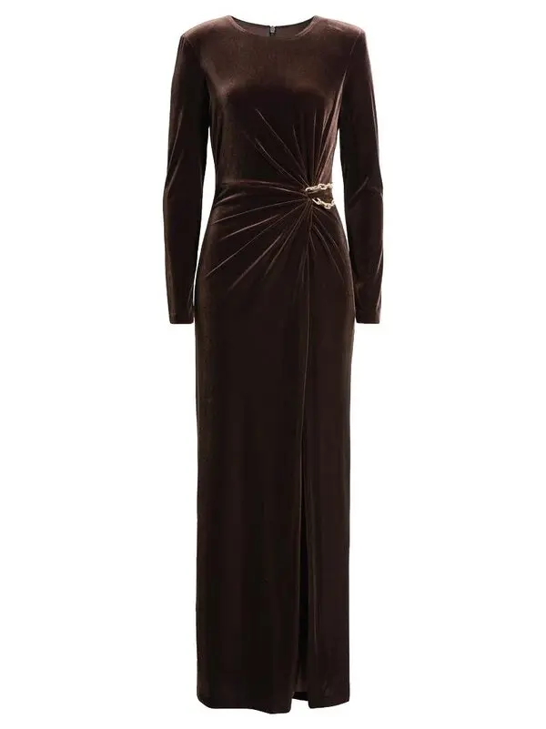 Eliza J Ruched Long Sleeve Velvet Gown - Chocolate