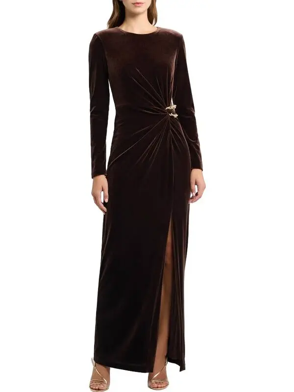 Eliza J Long Sleeve Ruched Velvet Gown - Chocolate