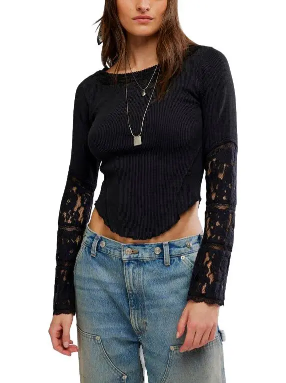Free People Intimately Fp Amber Lace Cuff Waffle Knit Top - Black