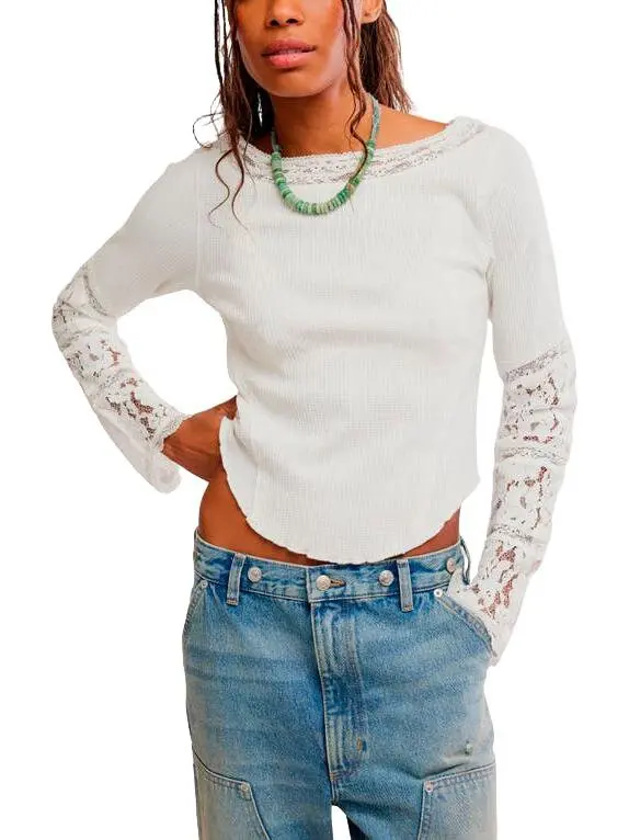 Free People Intimately Fp Amber Lace Cuff Waffle Knit Top - White