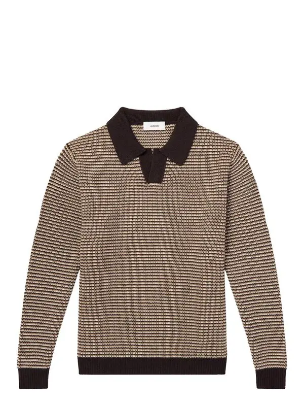 LARDINI Striped Camp-collar Wool And Cashmere Blend Sweater - Brown
