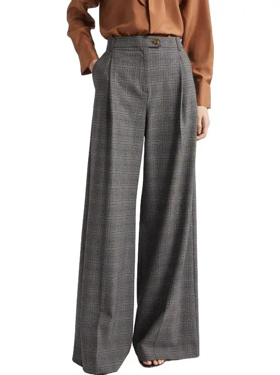 Marella High Waist Wide Leg Plaid Trousers - Grey Check