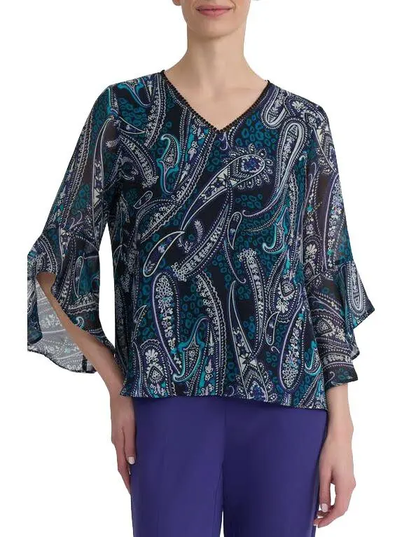 KASPER Paisley Print Ruffle Sleeve V-neck Top - Black Multi