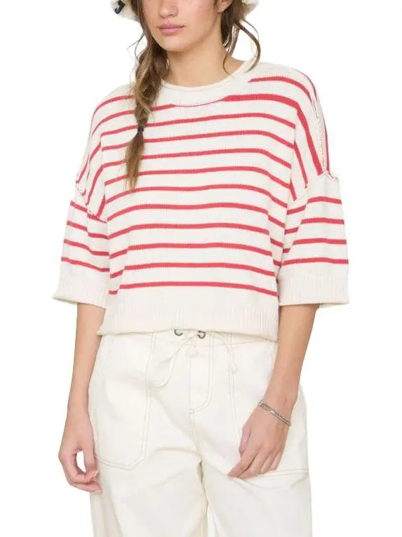 J.O.A. Striped Cotton Blend Sweater - Red