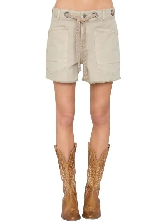 J.O.A. Drawstring Denim Shorts With Frayed Hem - Stone